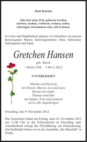 Traueranzeigen von Gretchen Hansen | sh:z Trauer