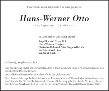 Traueranzeigen von Hans-Werner Otto | sh:z Trauer