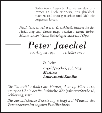 Traueranzeigen von Peter Jaeckel | sh:z Trauer