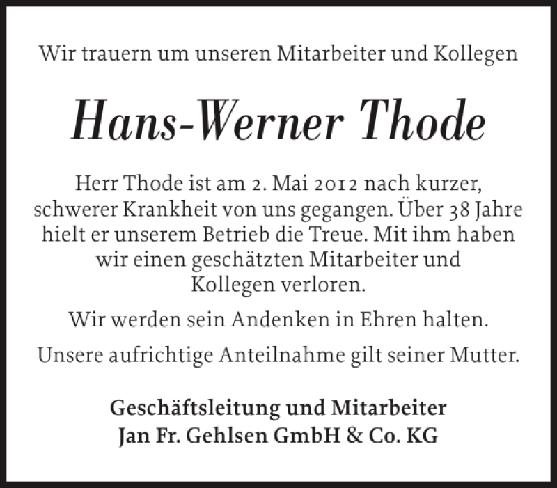 Traueranzeigen von Hans-Werner Thode | sh:z Trauer