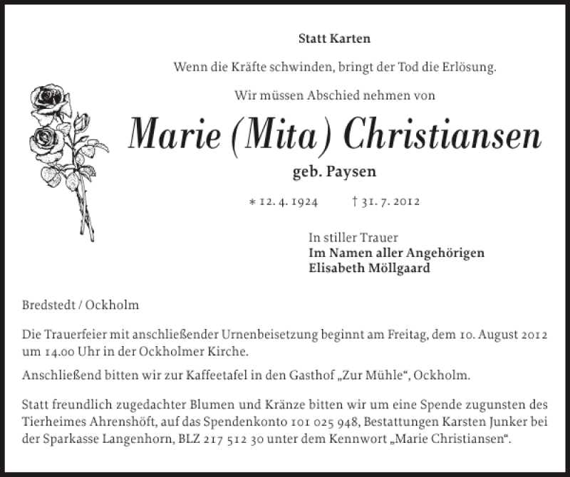 Traueranzeigen von Marie Mita Christiansen | sh:z Trauer