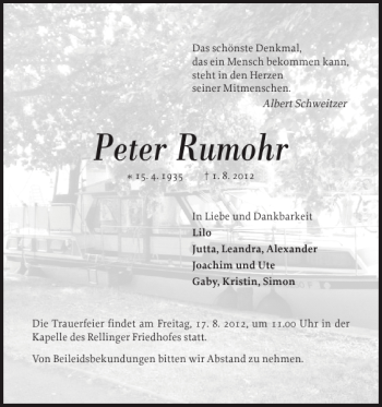 Traueranzeigen von Peter Rumohr | sh:z Trauer