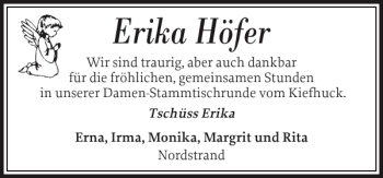 Traueranzeigen von Erika Höfer | sh:z Trauer