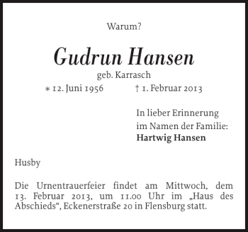 Traueranzeigen von Gudrun Hansen | sh:z Trauer
