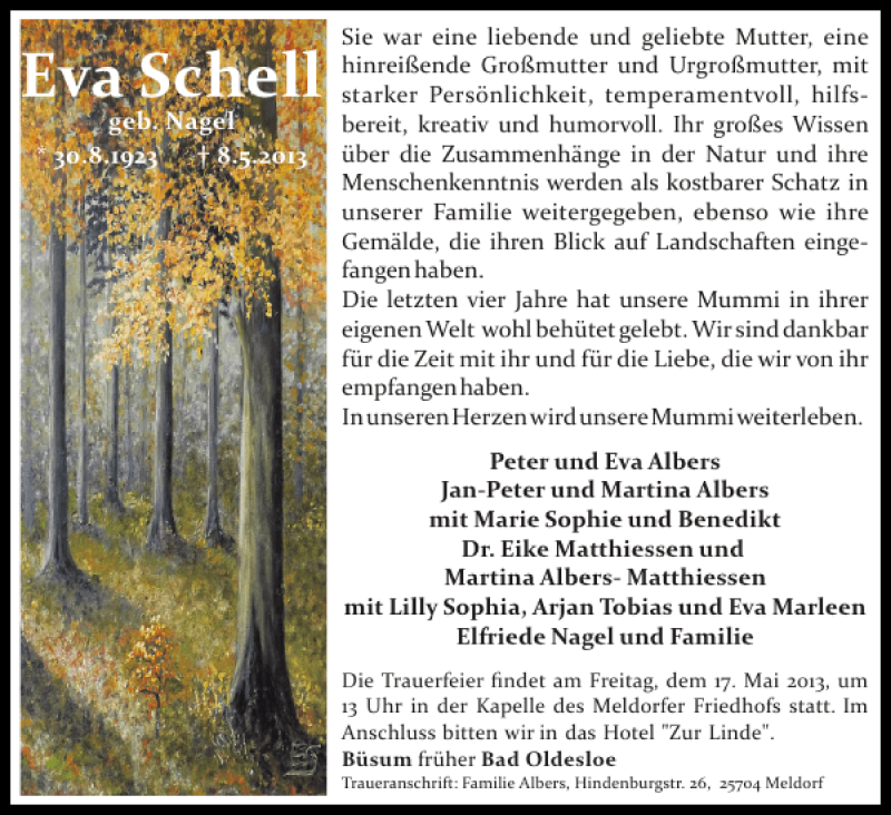 Traueranzeigen von Eva Schell | sh:z Trauer