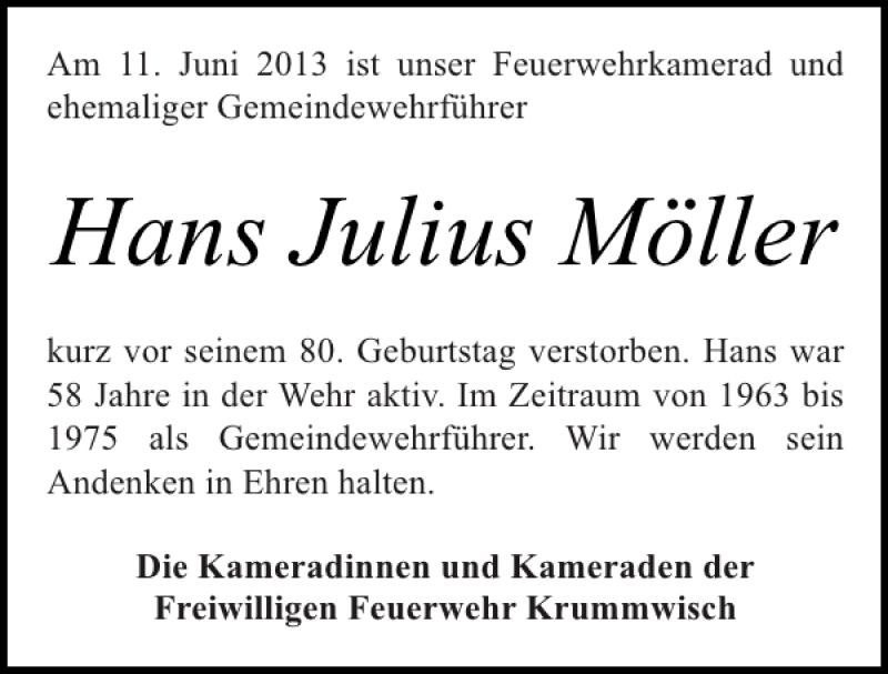 Traueranzeigen von Hans Julius Möller | sh:z Trauer