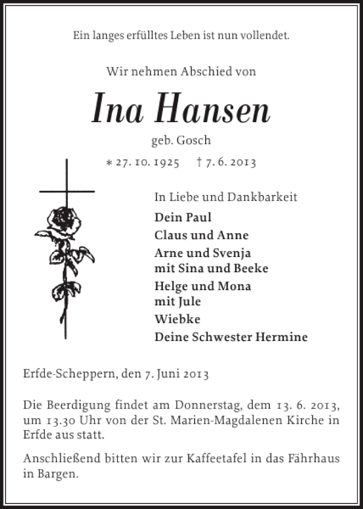 Traueranzeigen von Ina Hansen | sh:z Trauer