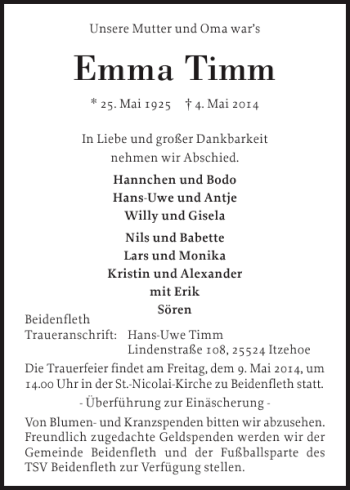 Traueranzeigen von Emma Timm | sh:z Trauer