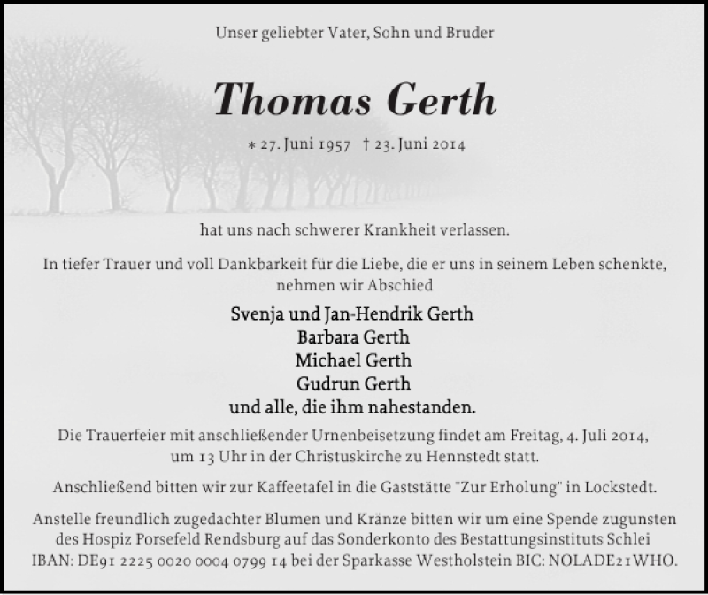 Traueranzeigen von Thomas Gerth | sh:z Trauer