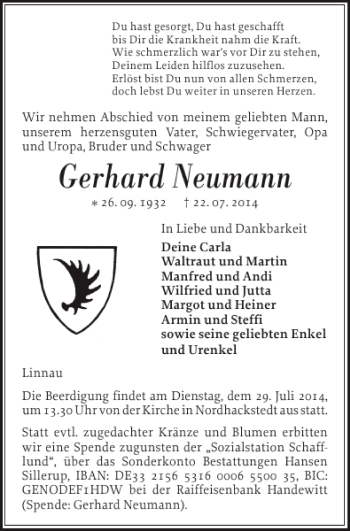 Traueranzeigen von Gerhard Neumann | sh:z Trauer