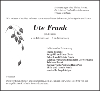 Traueranzeigen von Ute Frank | sh:z Trauer