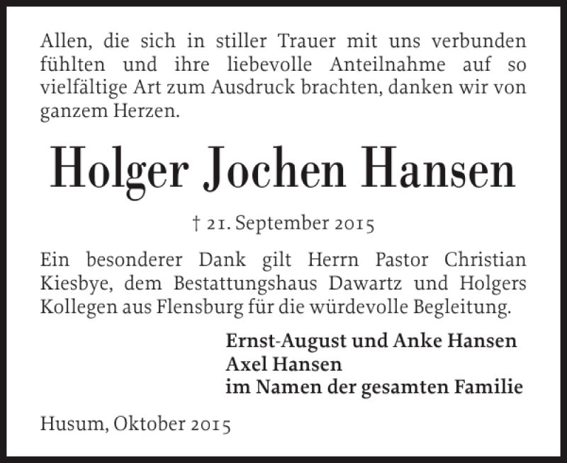 Traueranzeigen von Holger Jochen Hansen | sh:z Trauer