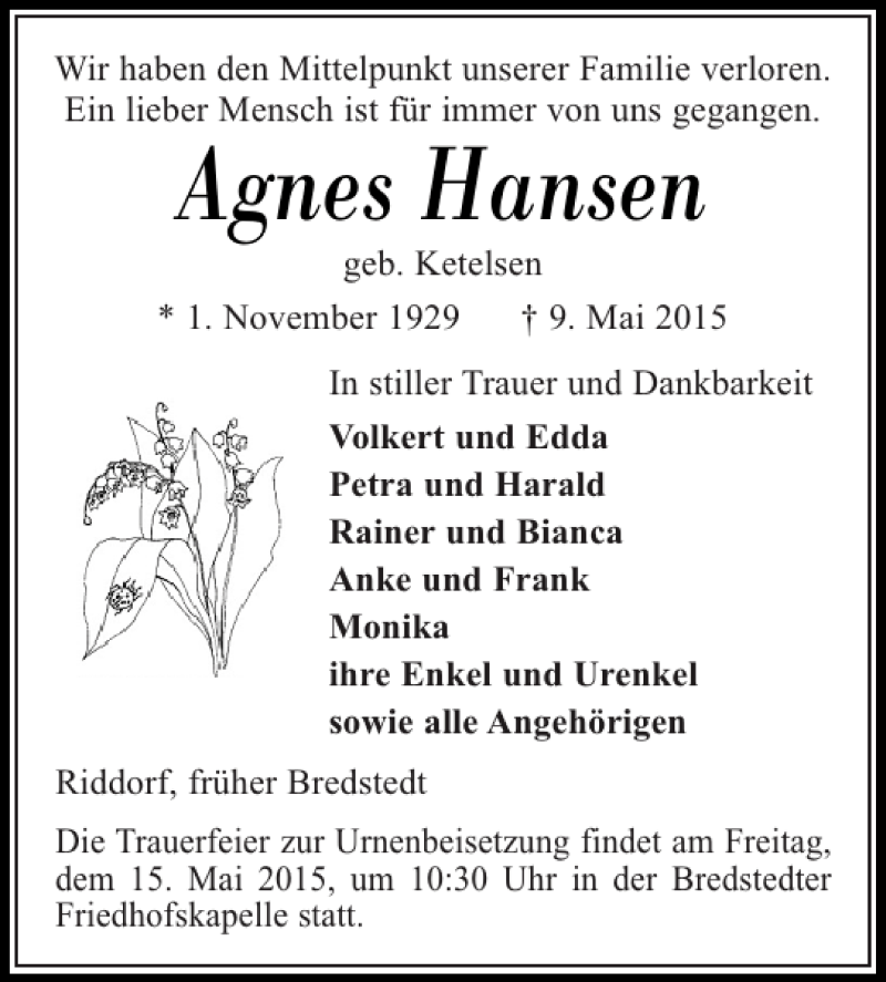 Traueranzeigen von Agnes Hansen | sh:z Trauer