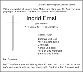 Traueranzeigen von Ingrid Ernst | sh:z Trauer