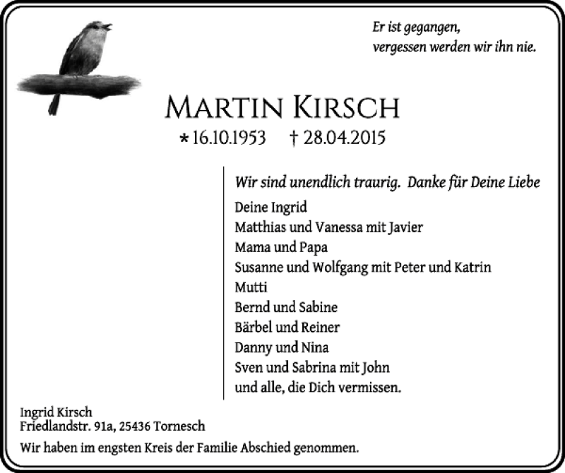 Traueranzeigen von Martin Kirsch | sh:z Trauer