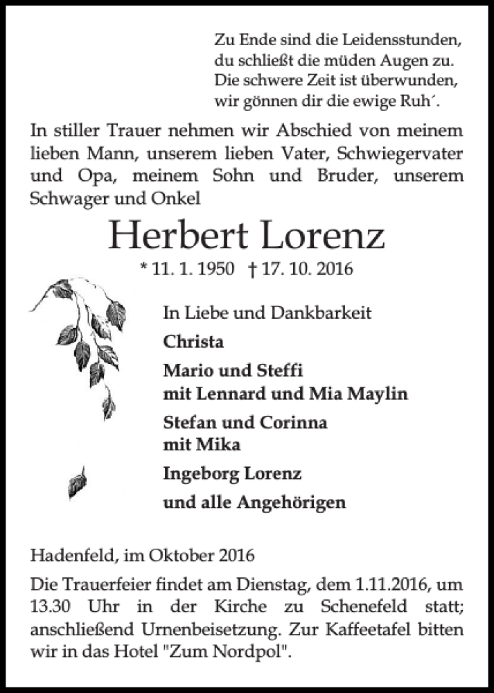 Traueranzeigen von Herbert Lorenz | sh:z Trauer
