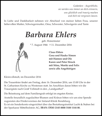 Traueranzeigen von Barbara Ehlers | sh:z Trauer