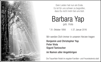 Traueranzeigen von Barbara Yap | sh:z Trauer