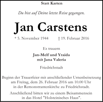 Traueranzeigen von Jan Carstens | sh:z Trauer