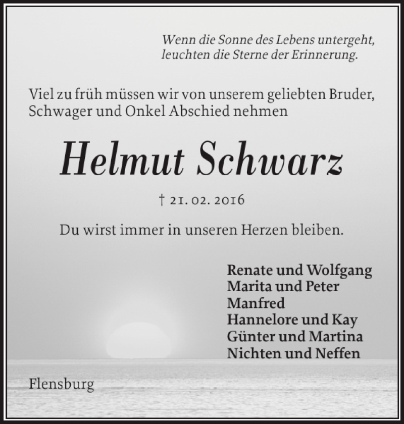 Traueranzeigen von Helmut Schwarz | sh:z Trauer