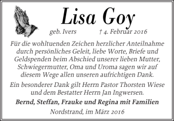 Traueranzeigen von Lisa Goy | sh:z Trauer