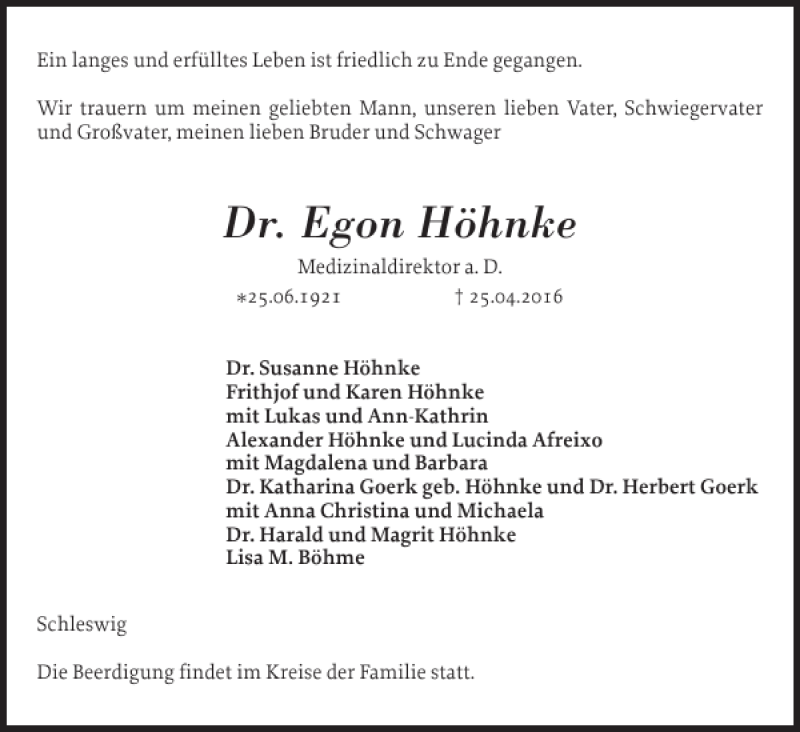 Traueranzeigen von Dr. Egon Höhnke | sh:z Trauer