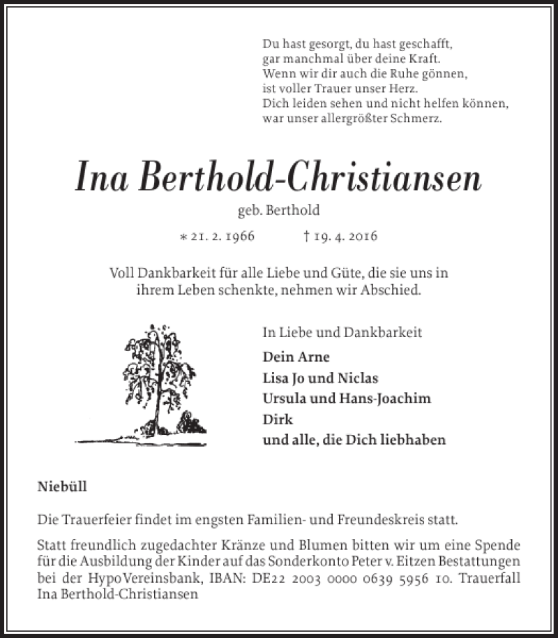 Traueranzeigen von Ina Berthold-Christiansen | sh:z Trauer
