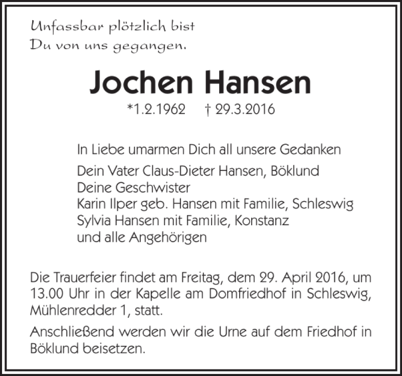 Traueranzeigen von Jochen Hansen | sh:z Trauer
