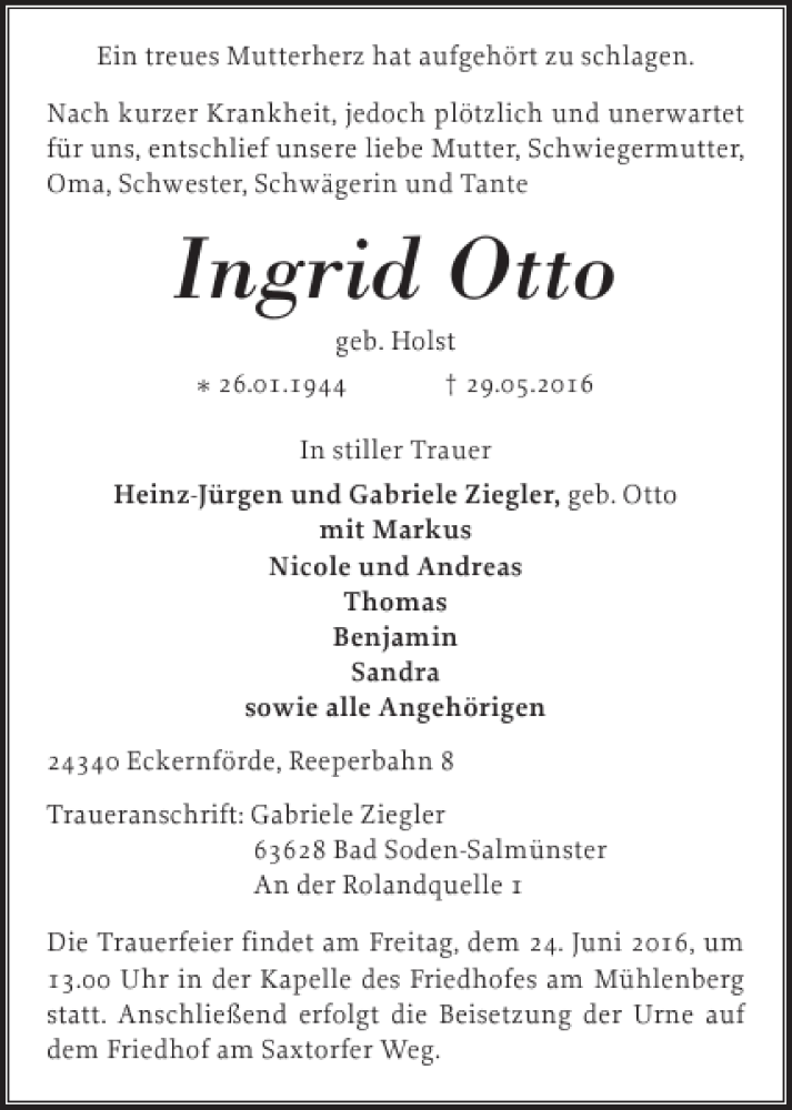 Traueranzeigen von Ingrid Otto | sh:z Trauer