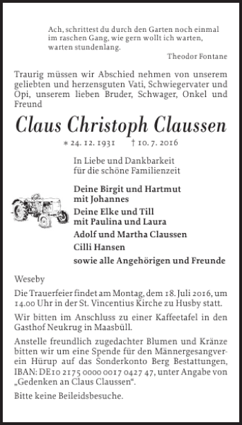 Traueranzeigen von Claus Christoph Claussen | sh:z Trauer