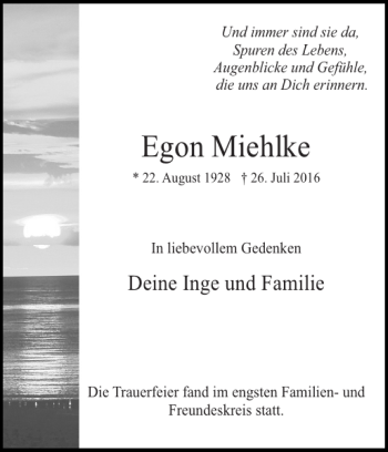 Traueranzeigen von Egon Miehlke | sh:z Trauer
