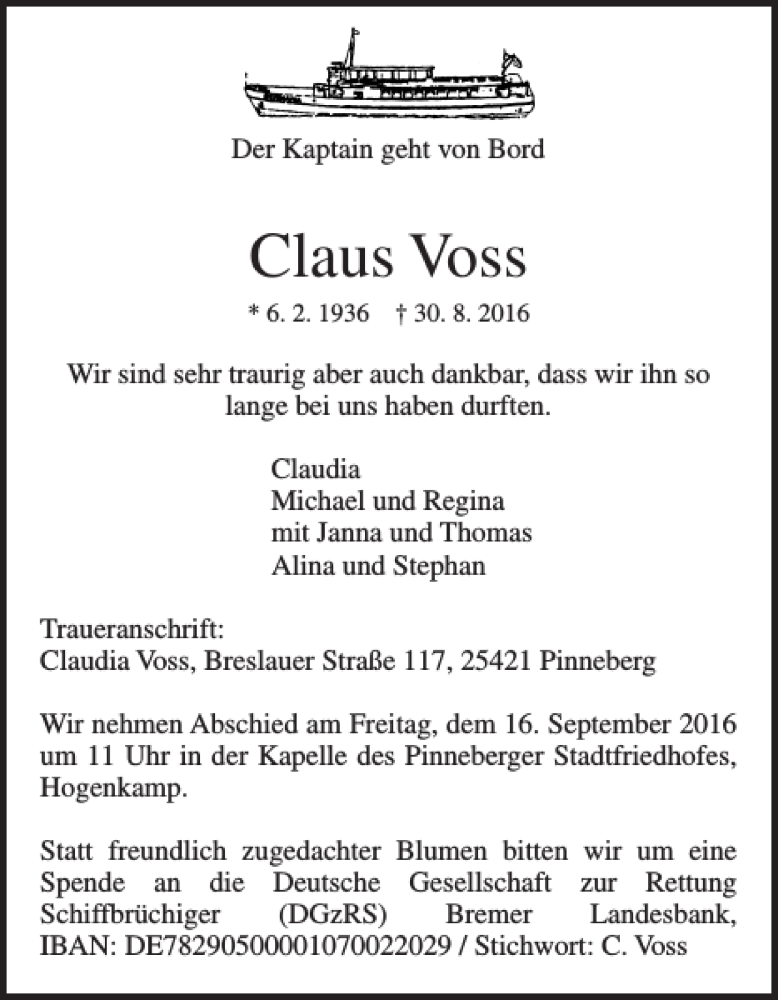 Traueranzeigen von Claus Voss | sh:z Trauer