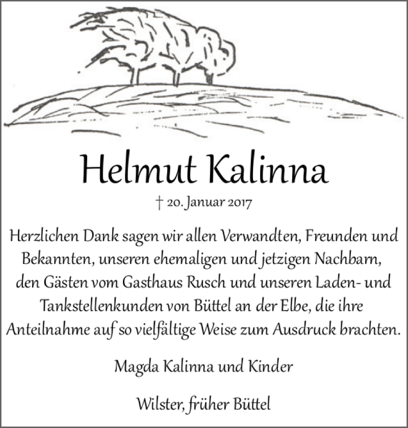 Traueranzeigen von Helmut Kalinna | sh:z Trauer
