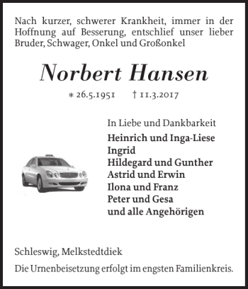 Traueranzeigen von Norbert Hansen | sh:z Trauer