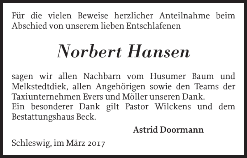 Traueranzeigen von Norbert Hansen | sh:z Trauer