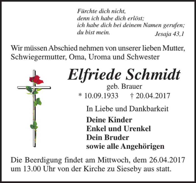 Traueranzeigen von Elfriede Schmidt | sh:z Trauer