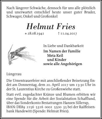 Traueranzeigen von Helmut Fries | sh:z Trauer