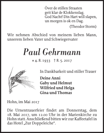 Traueranzeigen von Paul Gehrmann | sh:z Trauer