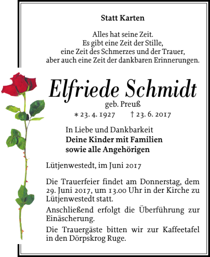Traueranzeigen von Elfriede Schmidt | sh:z Trauer