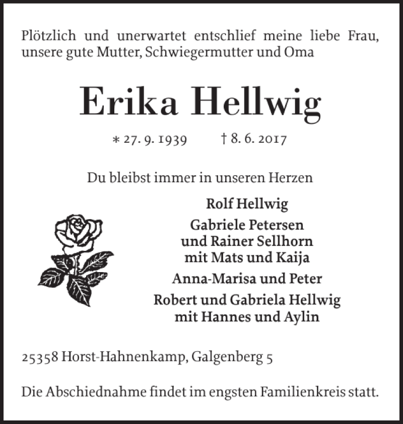 Traueranzeigen von Erika Hellwig | sh:z Trauer