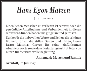 Traueranzeigen von Hans Egon Matzen | sh:z Trauer