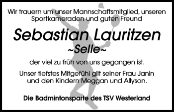 Traueranzeigen von Sebastian Lauritzen | sh:z Trauer