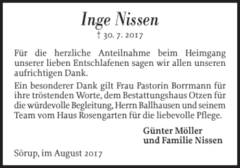 Traueranzeigen von Inge Nissen | sh:z Trauer