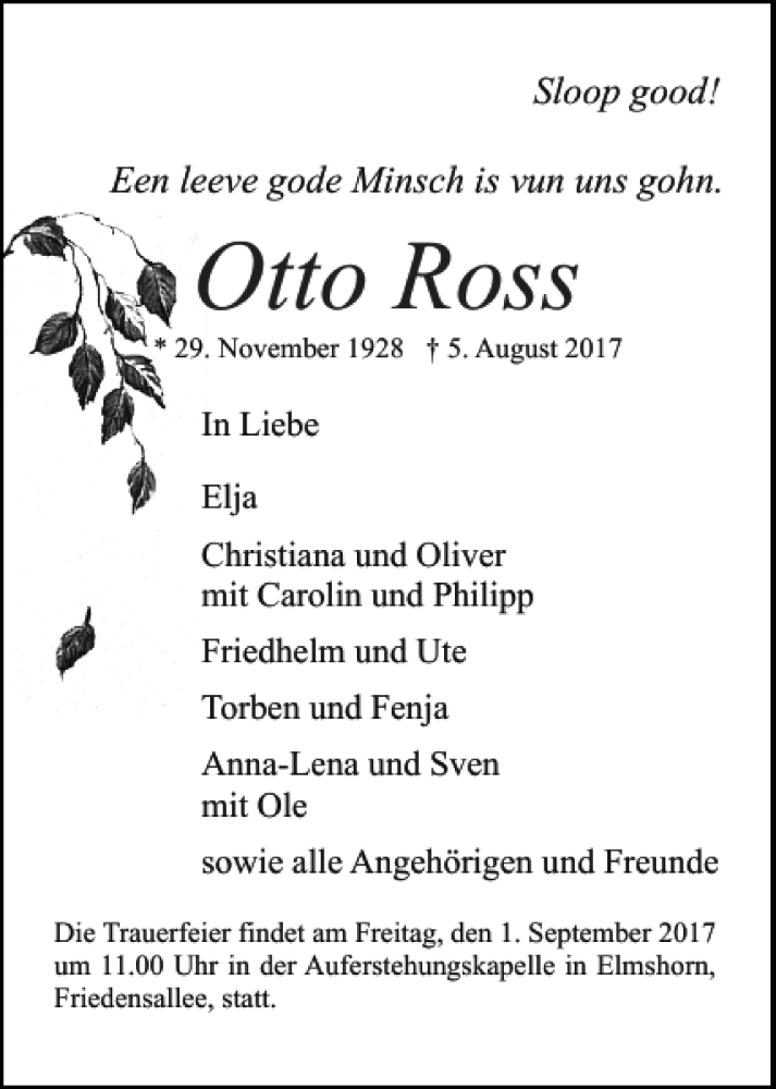 Traueranzeigen von Otto Ross | sh:z Trauer