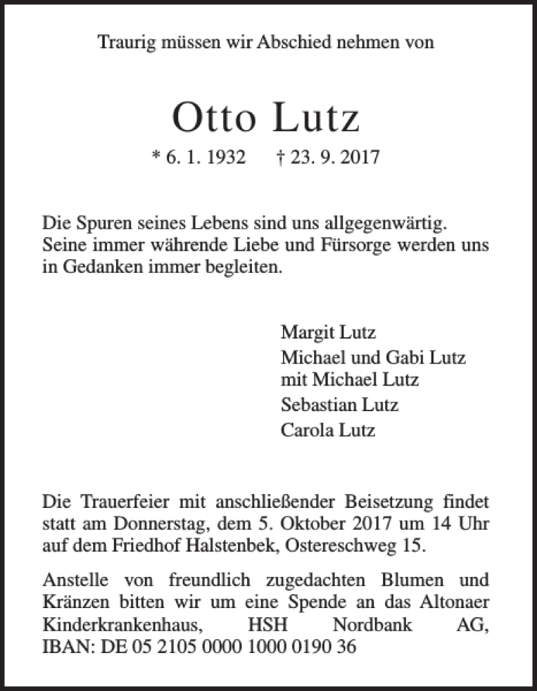Traueranzeigen von Otto Lutz | sh:z Trauer