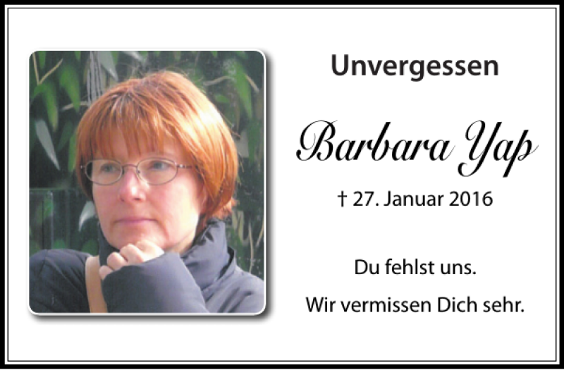 Traueranzeigen von Barbara Yap | sh:z Trauer