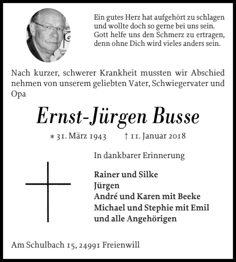 Traueranzeigen von Ernst-Jürgen Busse | sh:z Trauer