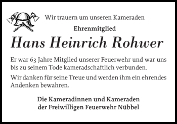Traueranzeigen von Hans Heinrich Rohwer | sh:z Trauer