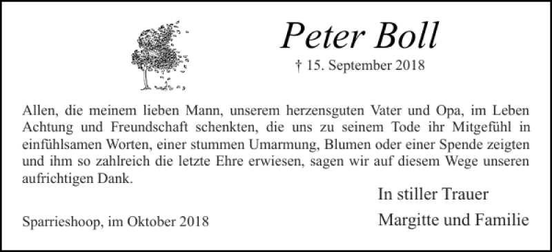Traueranzeigen von Peter Boll | sh:z Trauer