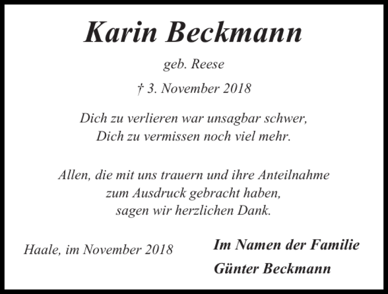 Traueranzeigen von Karin Beckmann | sh:z Trauer
